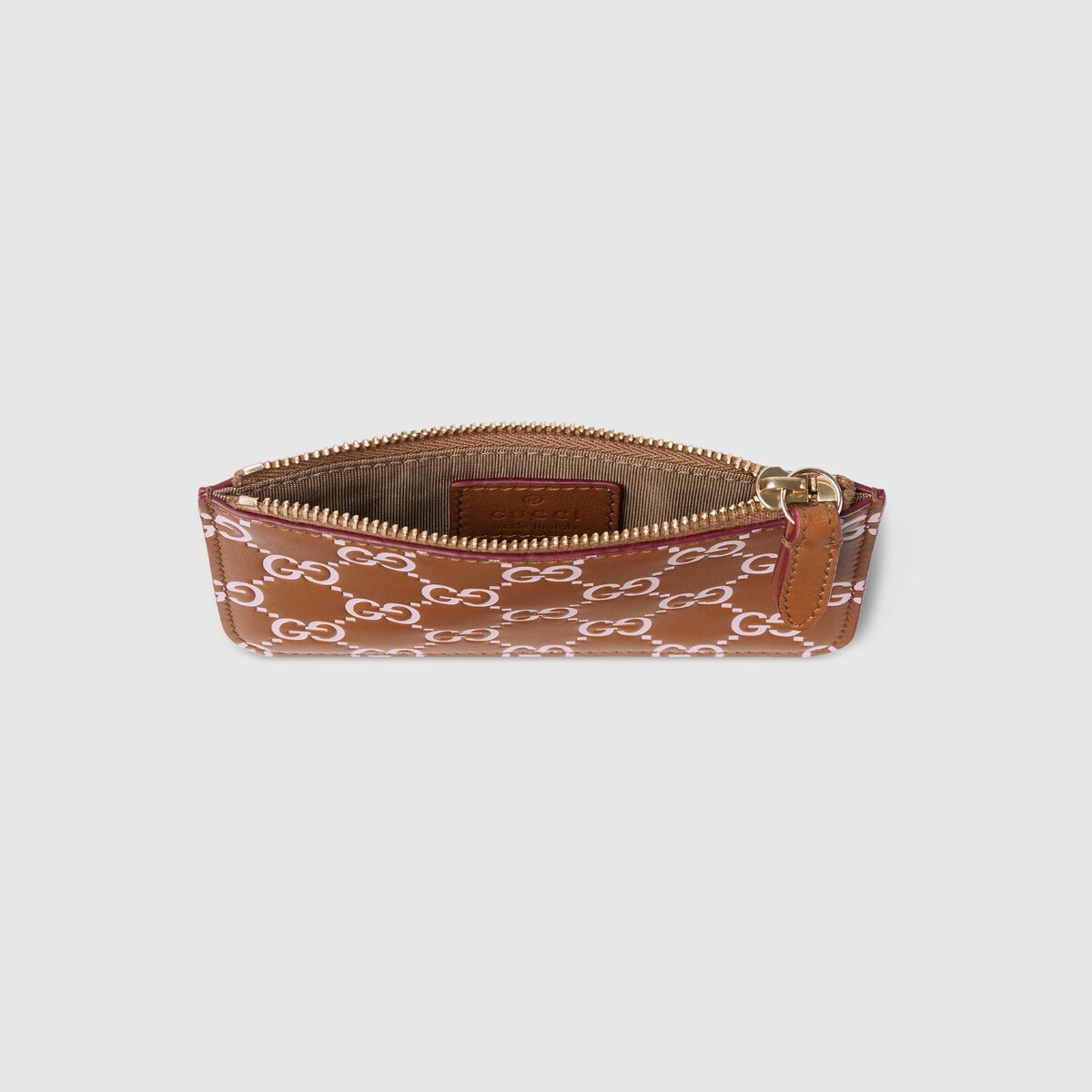 GG Emblem key pouch in brown and pink GG leather | GUCCI® NO