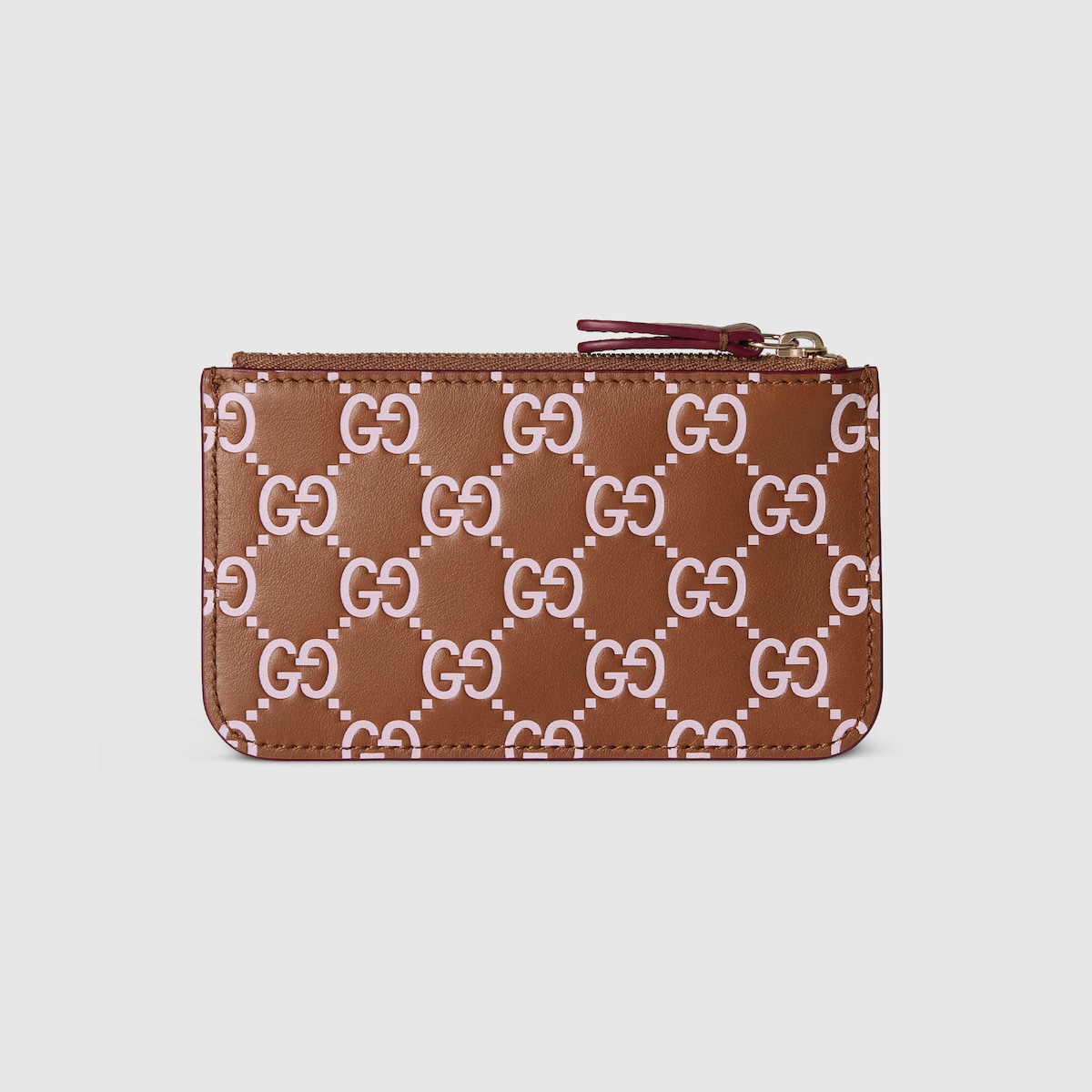 GG Emblem key pouch in brown and pink GG leather | GUCCI® NO