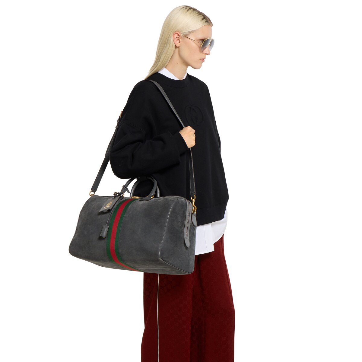Gucci Savoy medium duffle bag in dark grey suede | GUCCI® IT