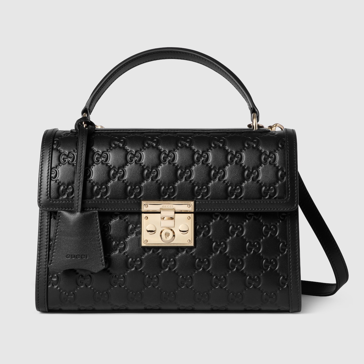 Padlock medium top handle bag in black GG leather | GUCCI® DK