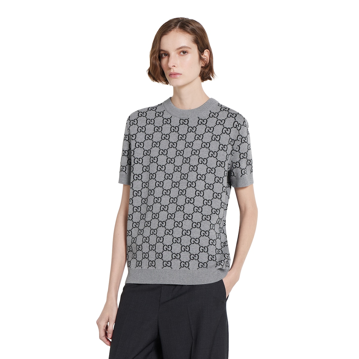 Reversible GG wool jacquard top in grey and black | GUCCI® Australia