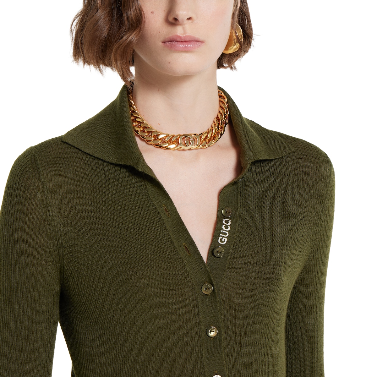Cashmere silk top with embroidery in forest green | GUCCI® US