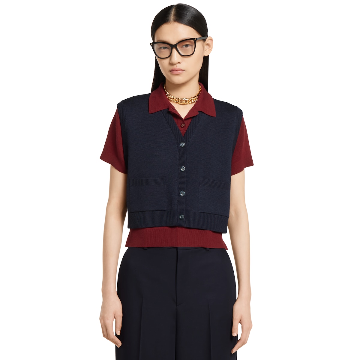 Wool silk polo top with vest overlay in blue and rosso ancora red ...