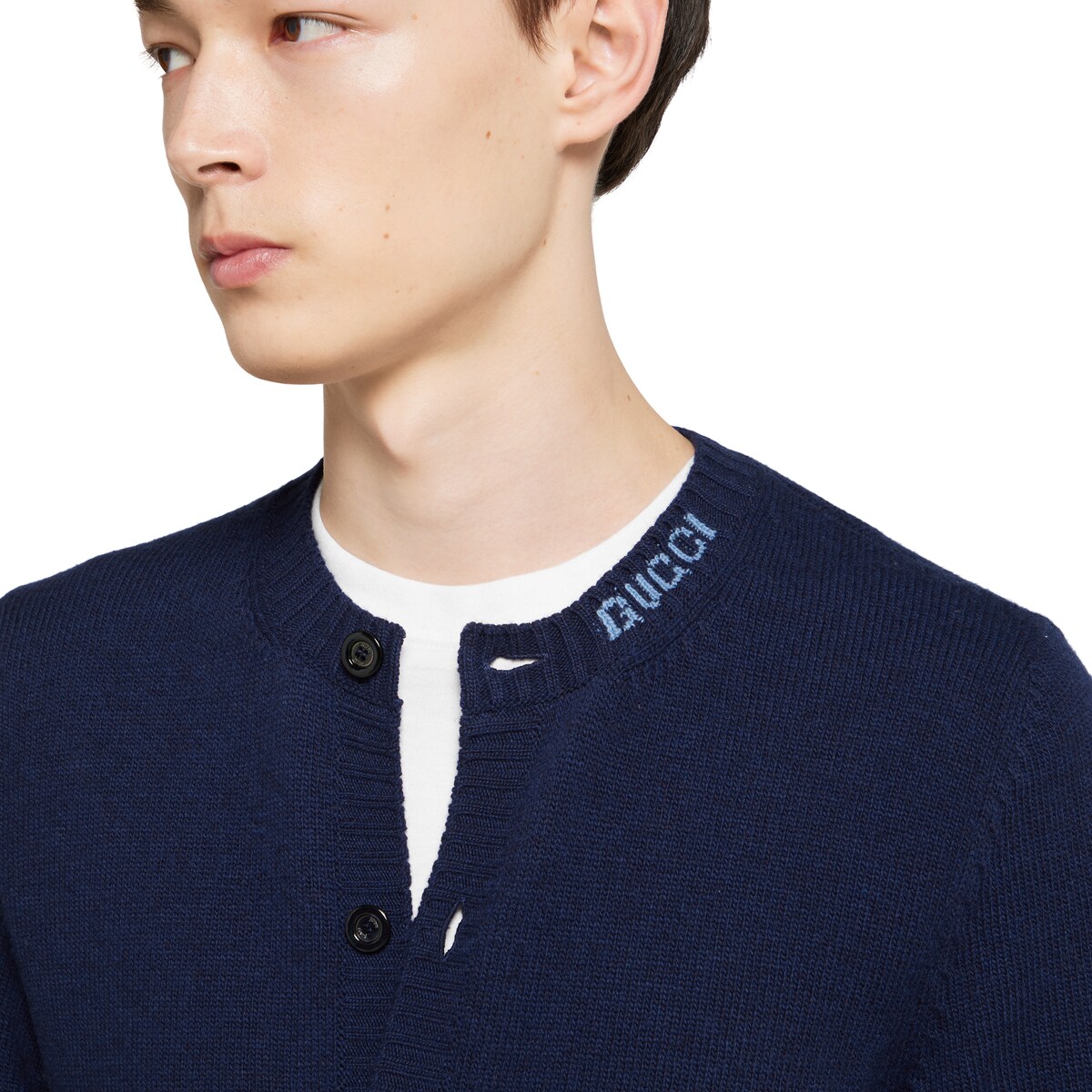 Felted wool knit cardigan with intarsia in dark blue | GUCCI® UK