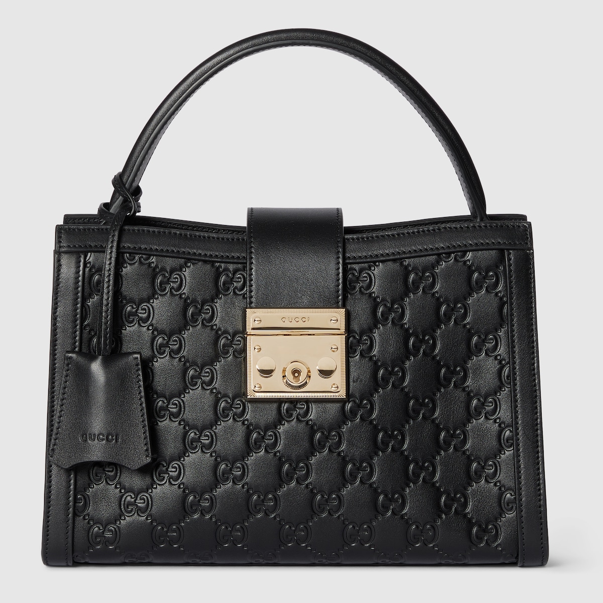 Padlock medium top handle bag in black GG leather | GUCCI® FI