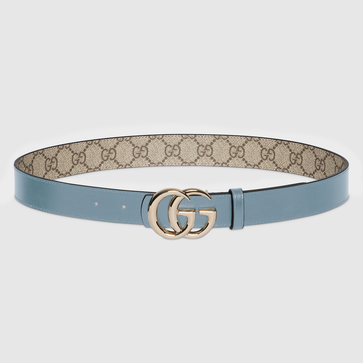 Reversible GG Marmont belt in beige GG Supreme and light blue leather ...