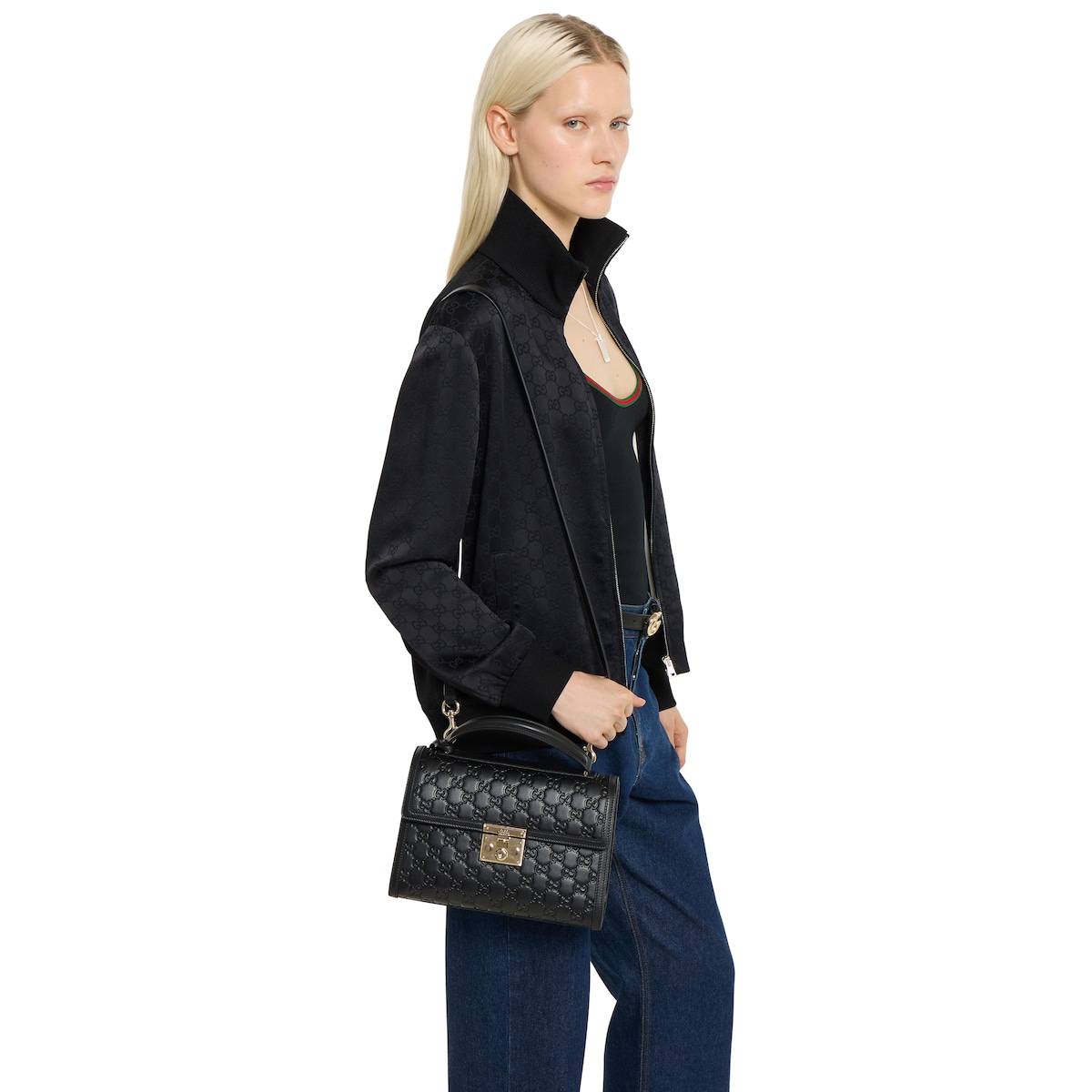 Padlock medium top handle bag in black GG leather | GUCCI® DK