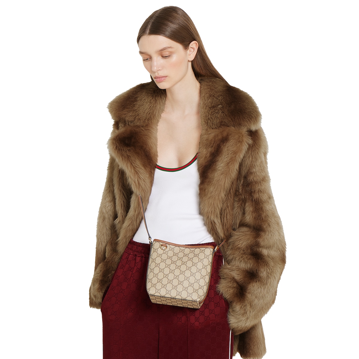 GG Emblem nano bucket bag in beige and dark brown fabric | GUCCI® US