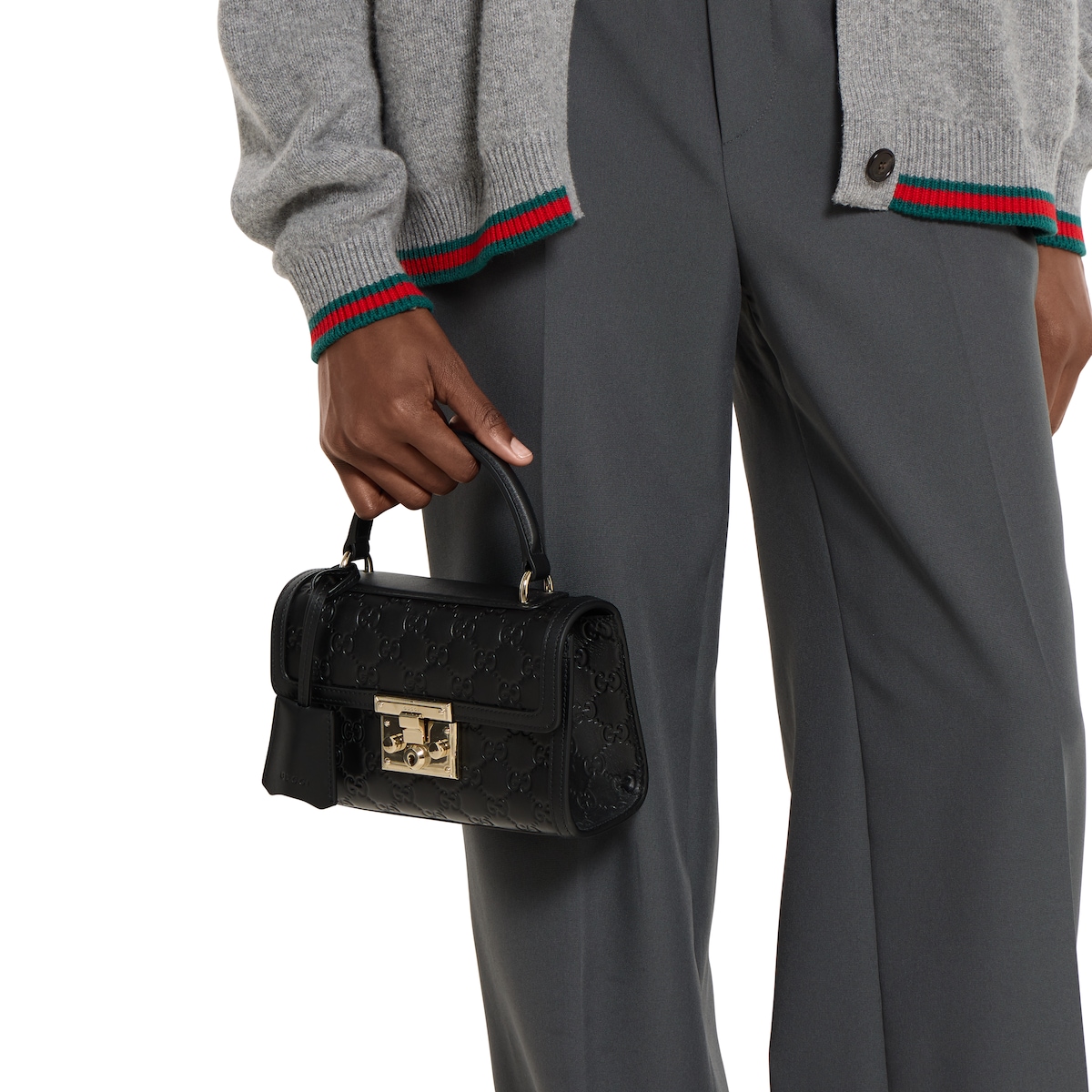 Padlock small top handle bag in black GG leather | GUCCI® PT