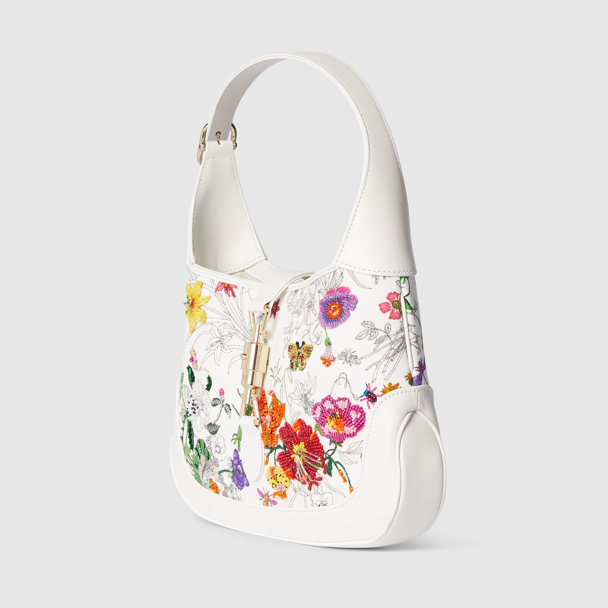 Gucci Jackie 1961 embroidered medium bag in white cotton | GUCCI® KW