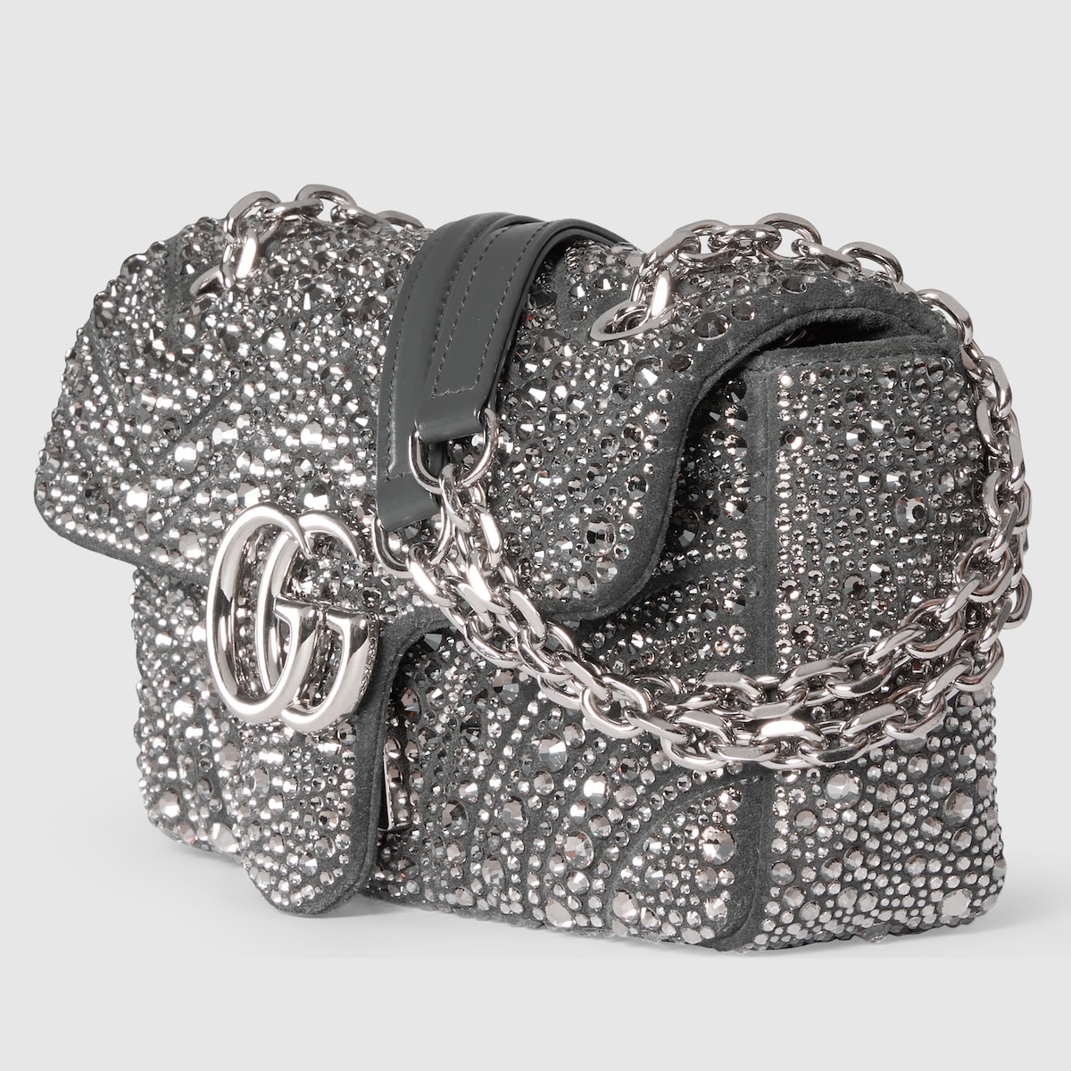 GG Marmont crystals small shoulder bag in grey nubuck leather | GUCCI® MX