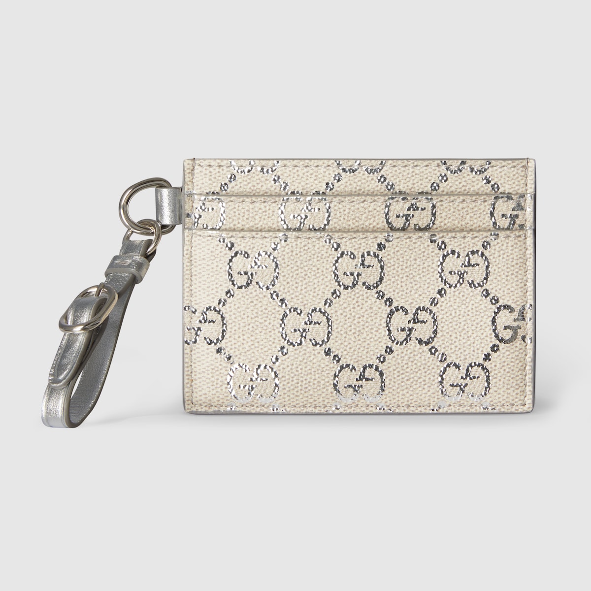 GG Emblem card case with strap in beige and silver GG fabric | GUCCI® ZA