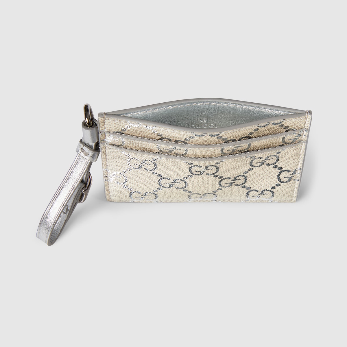 GG Emblem card case with strap in beige and silver GG fabric | GUCCI® SG