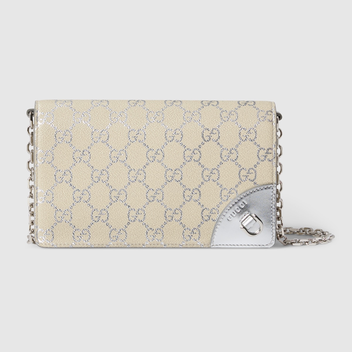 GG Emblem wallet on chain in beige and silver GG fabric | GUCCI® SG
