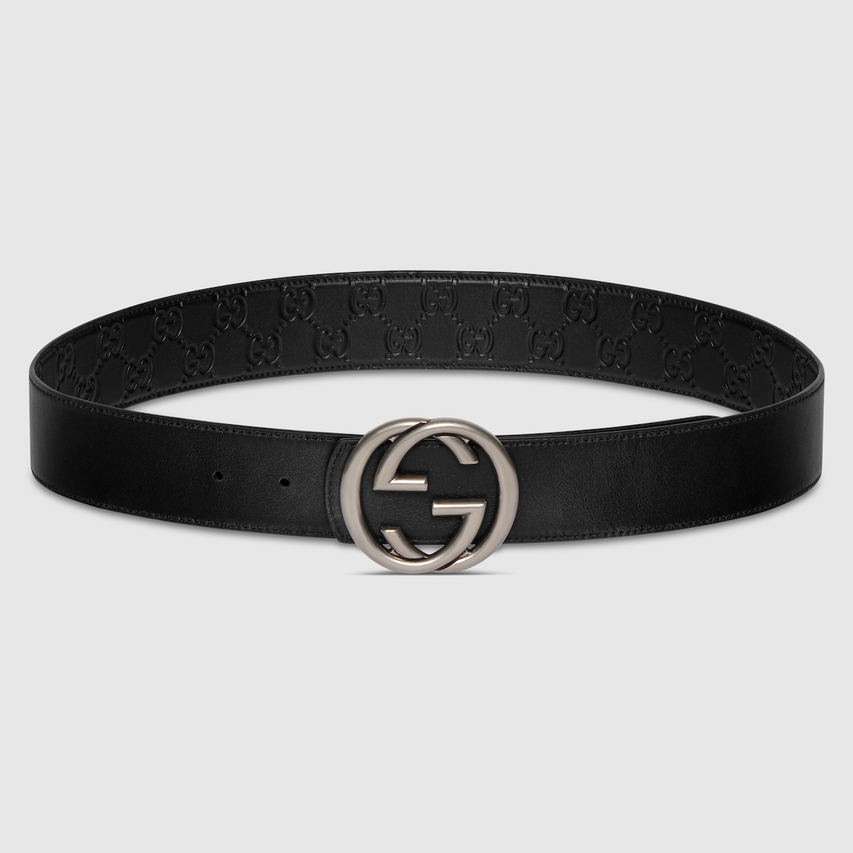 Reversible belt with Interlocking G buckle in black GG leather | GUCCI® US