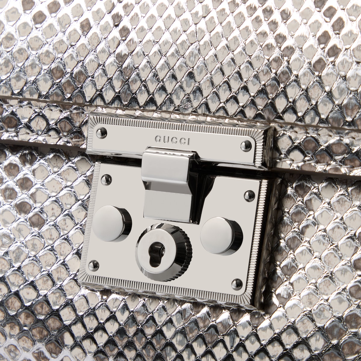 Padlock python small top handle bag in metallic silver | GUCCI® AE