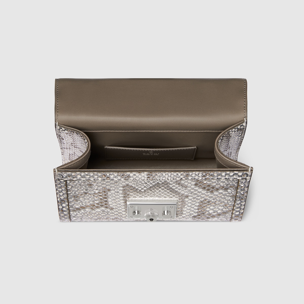 Padlock python small top handle bag in metallic silver | GUCCI® AE