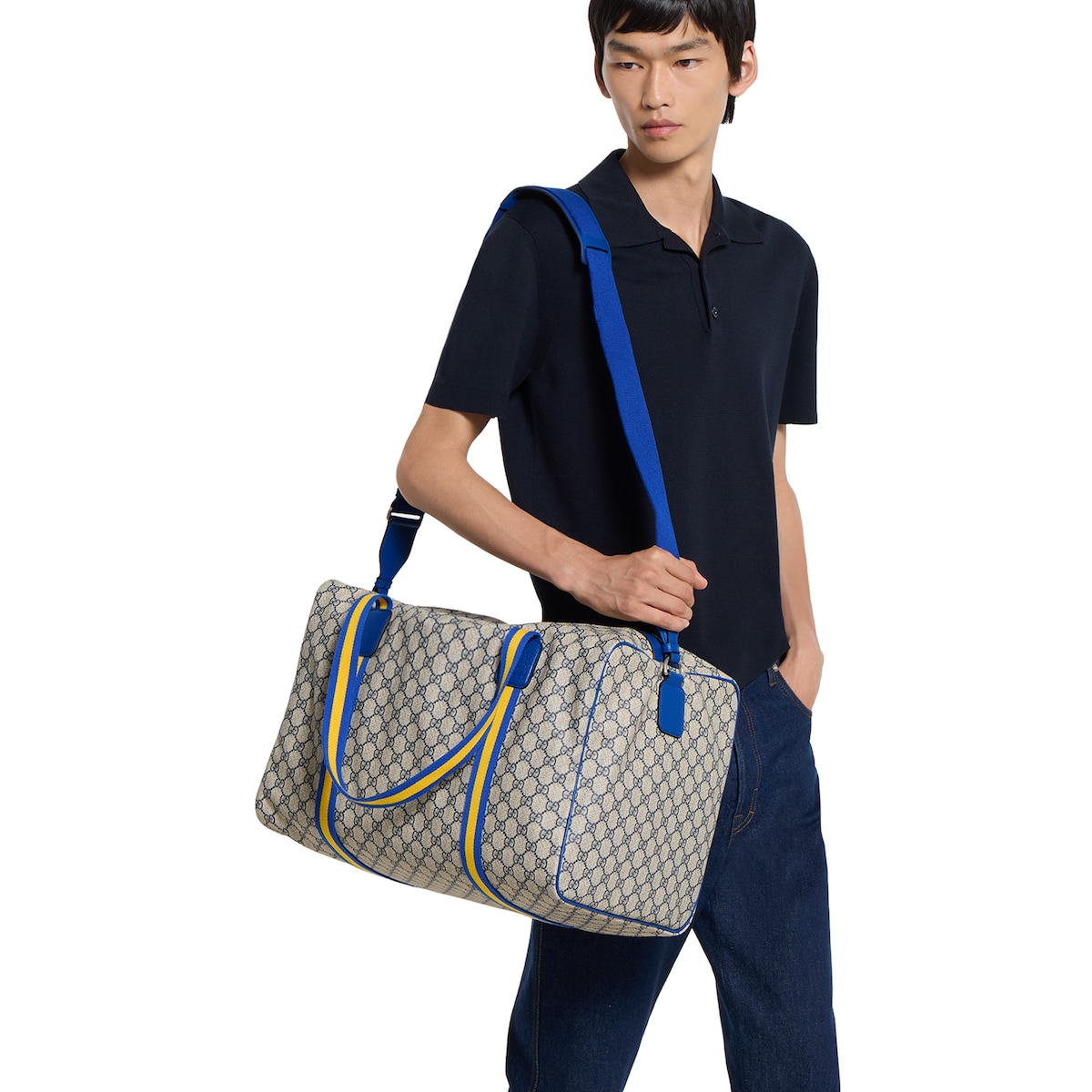 Medium duffle bag with Web in beige and blue GG Supreme | GUCCI® US