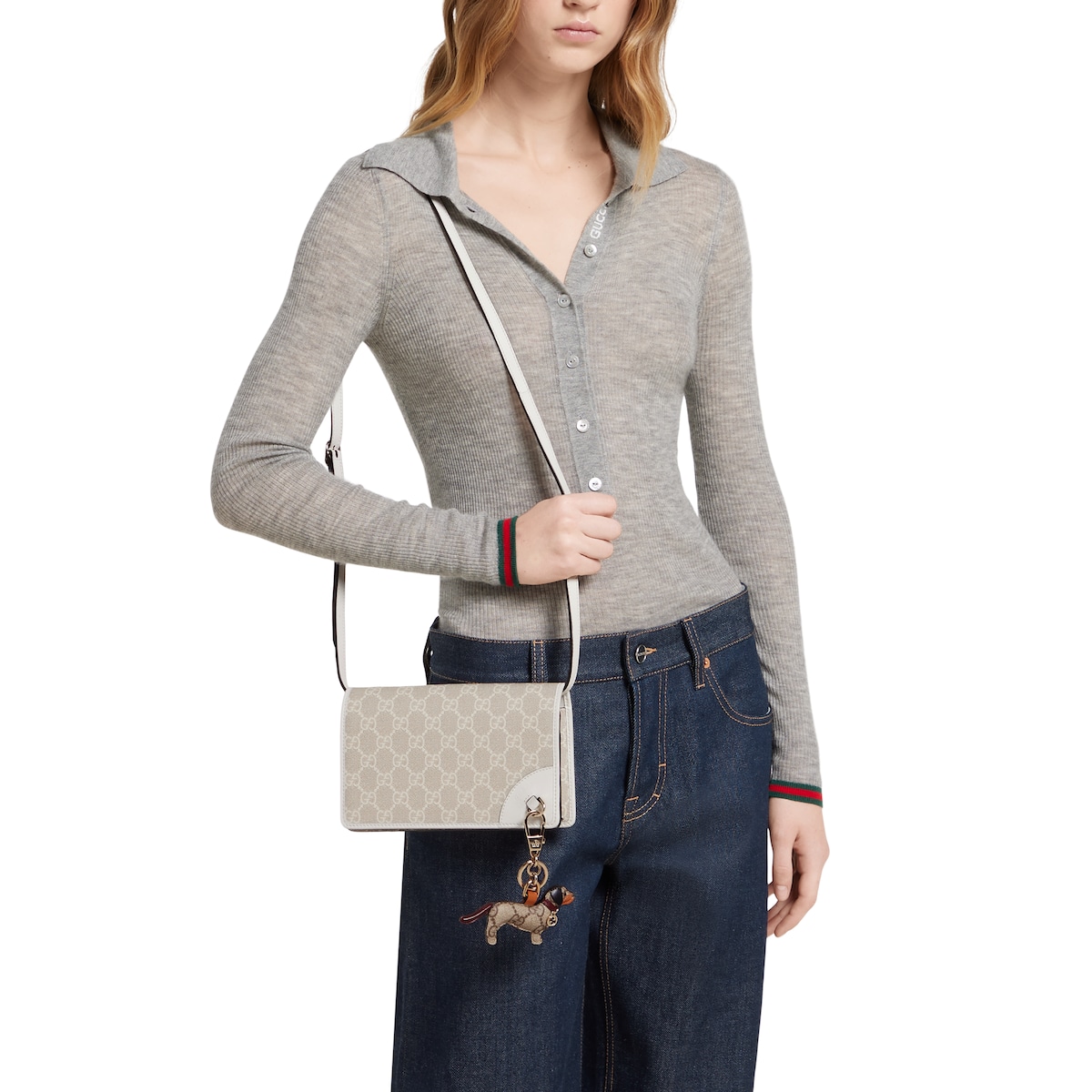 GG Emblem wallet with leather strap in beige and white fabric | GUCCI® US