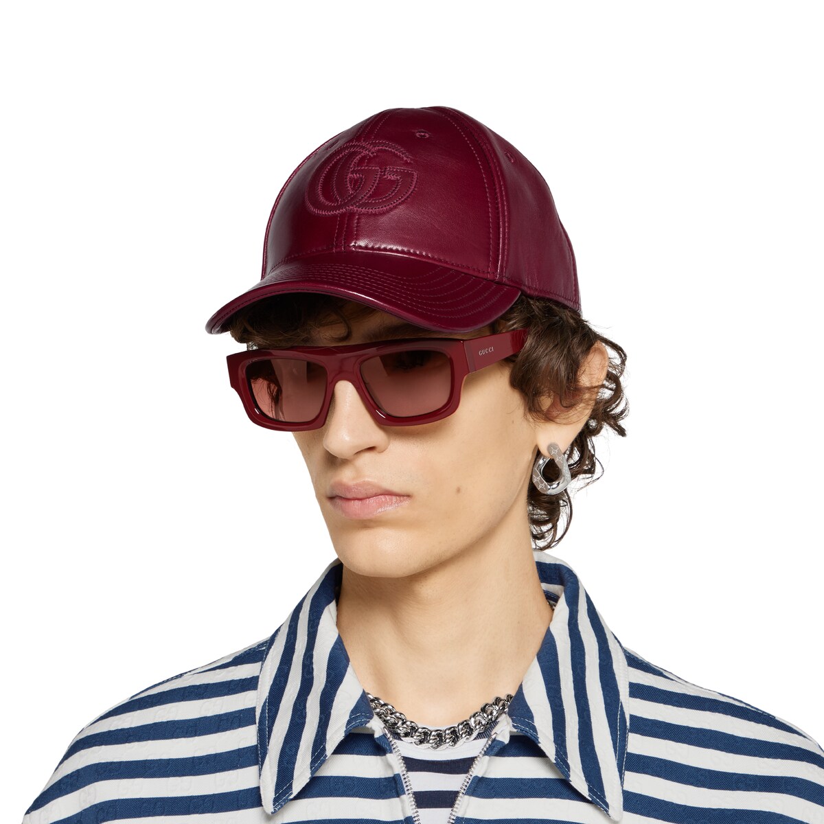 Leather baseball hat with Double G in bordeaux | GUCCI® HU