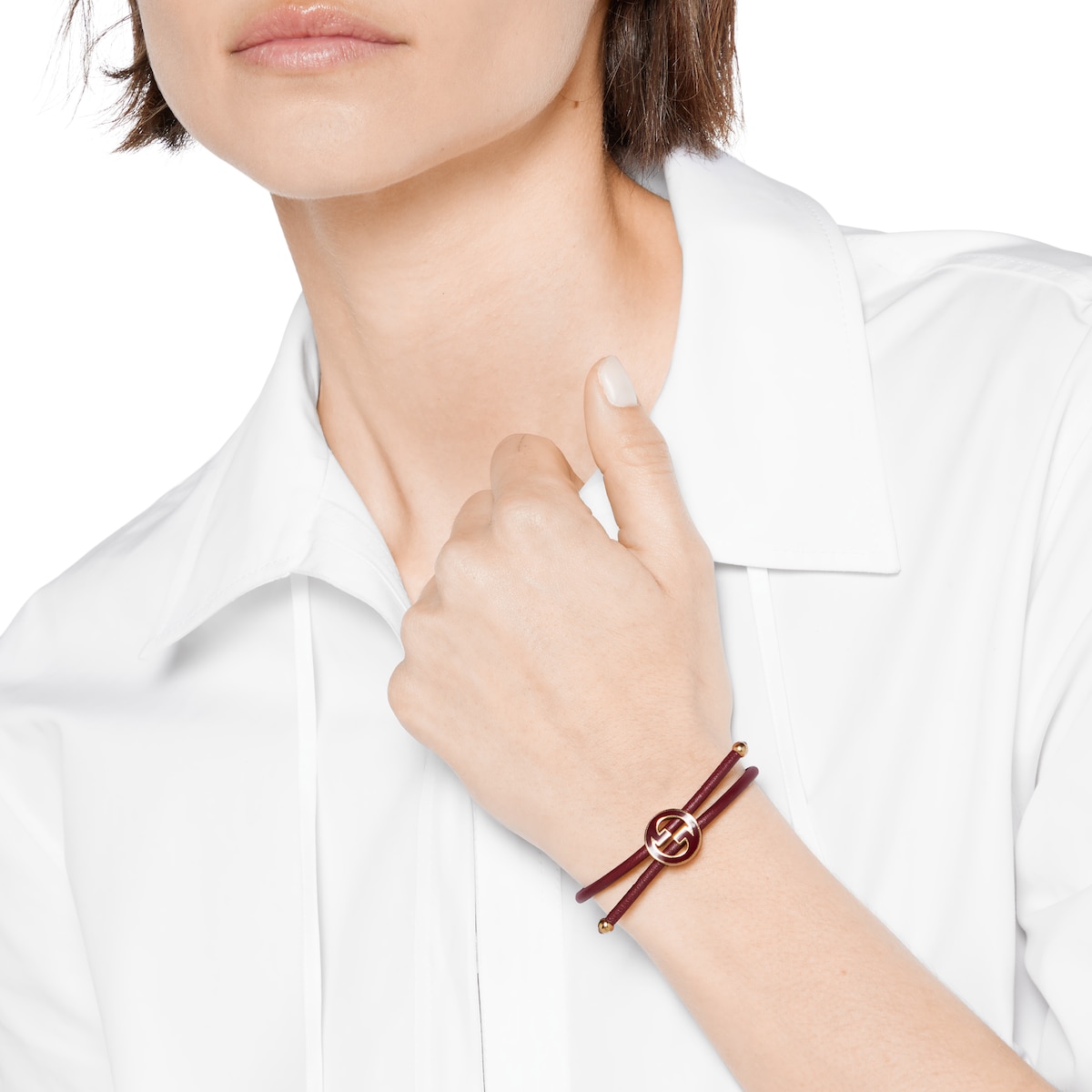 Bracelet with enamel Round Interlocking G in Rosso Ancora red leather ...