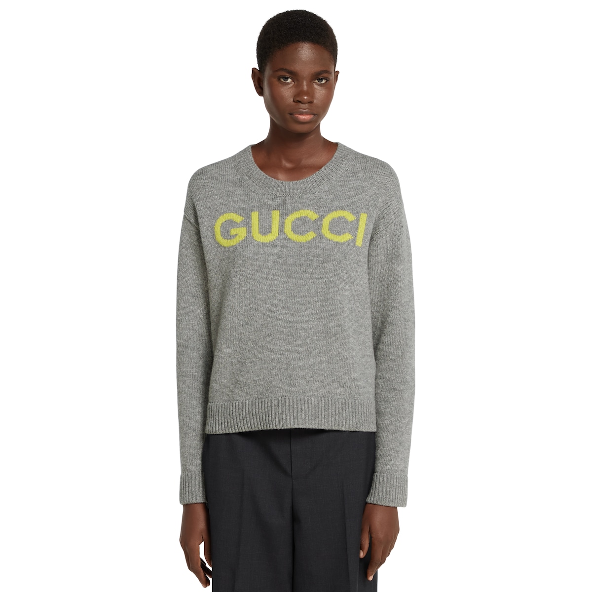 Wool top with Gucci intarsia in grey | GUCCI® SA