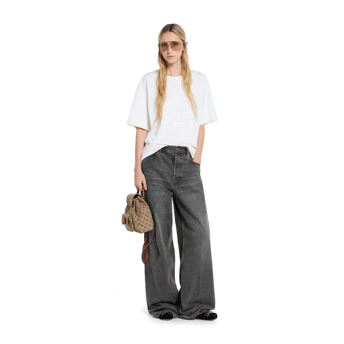 Wide leg denim pants in dark grey | GUCCI® AE