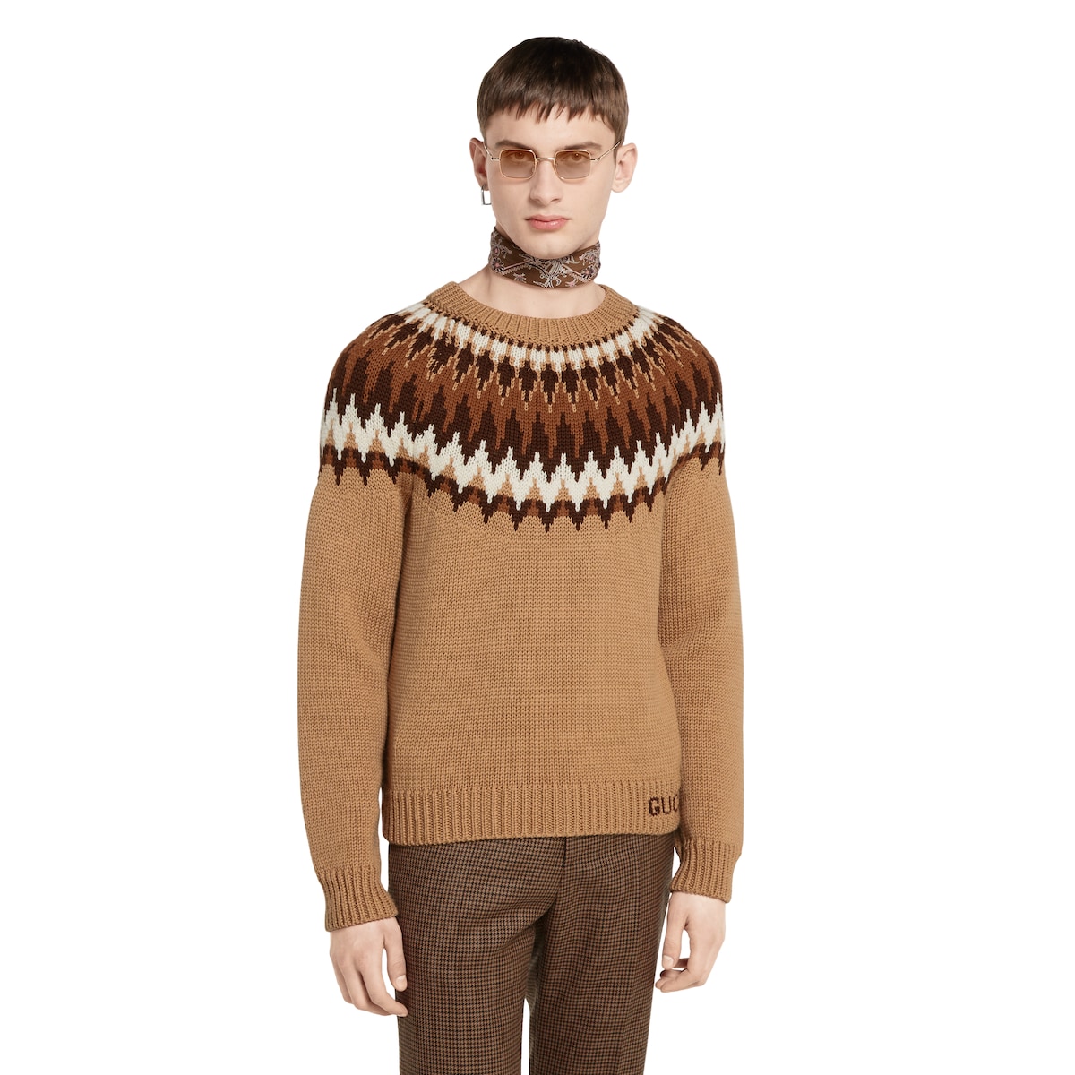 Maglione in maglia di lana spessa in cammello e multicolore | GUCCI® IT