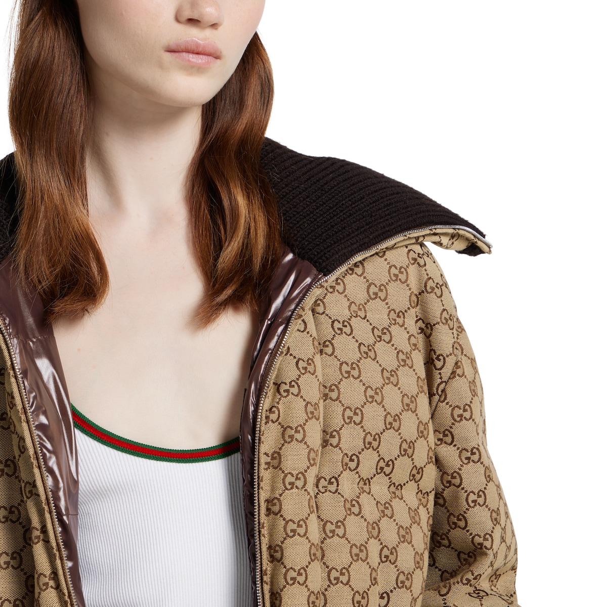 GG canvas puffer jacket in camel and dark brown | GUCCI® UK