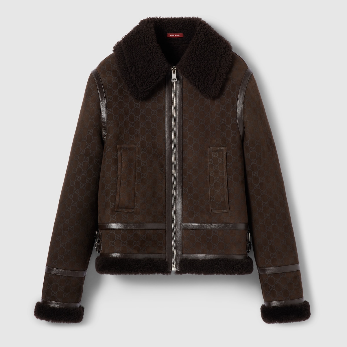 Printed suede shearling jacket in dark brown | GUCCI® US
