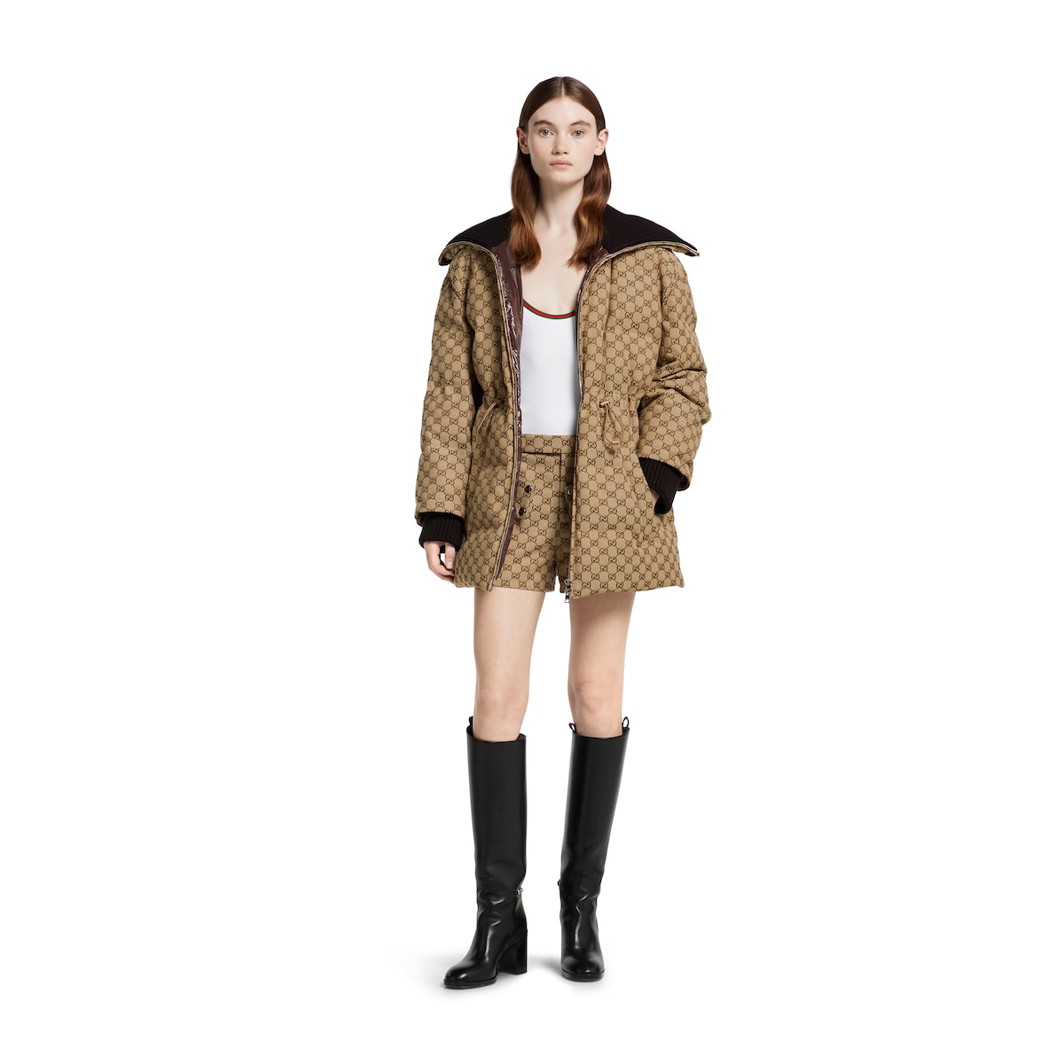 GG canvas puffer jacket in camel and dark brown | GUCCI® UK