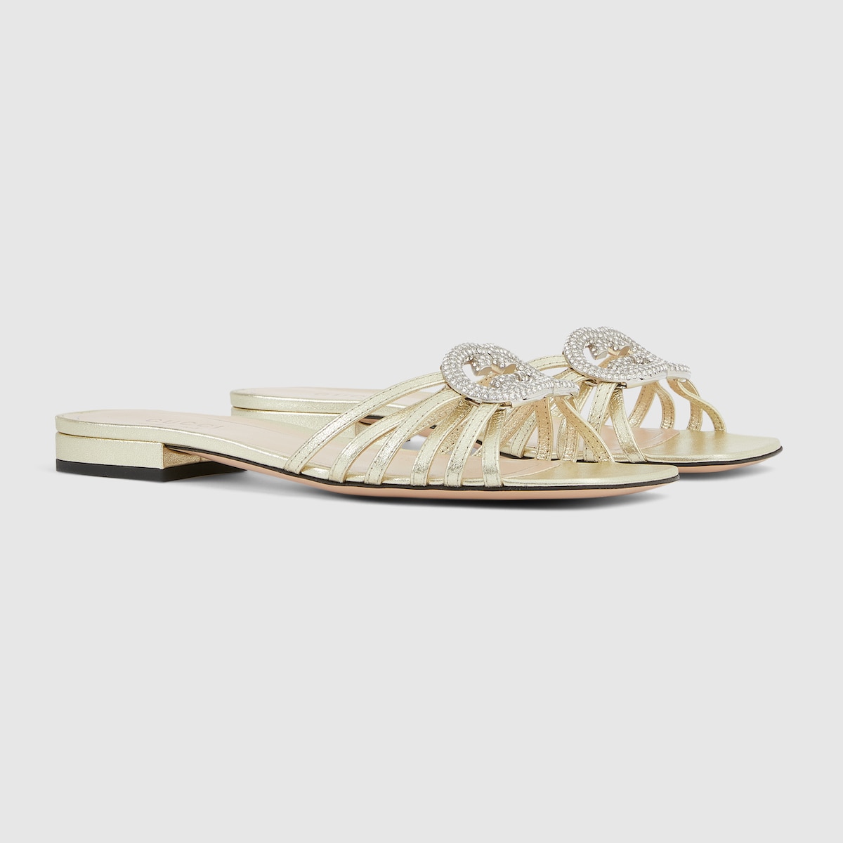 Women's slide with crystal Interlocking G in silver metallic leather ...