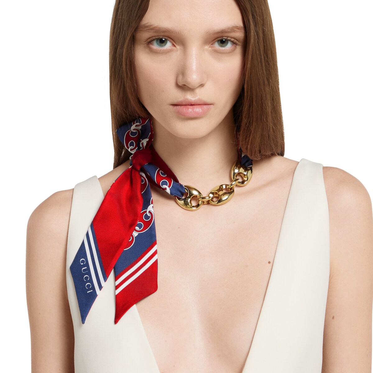Gucci Marina Chain long silk necklace in yellow gold-toned brass | GUCCI® US