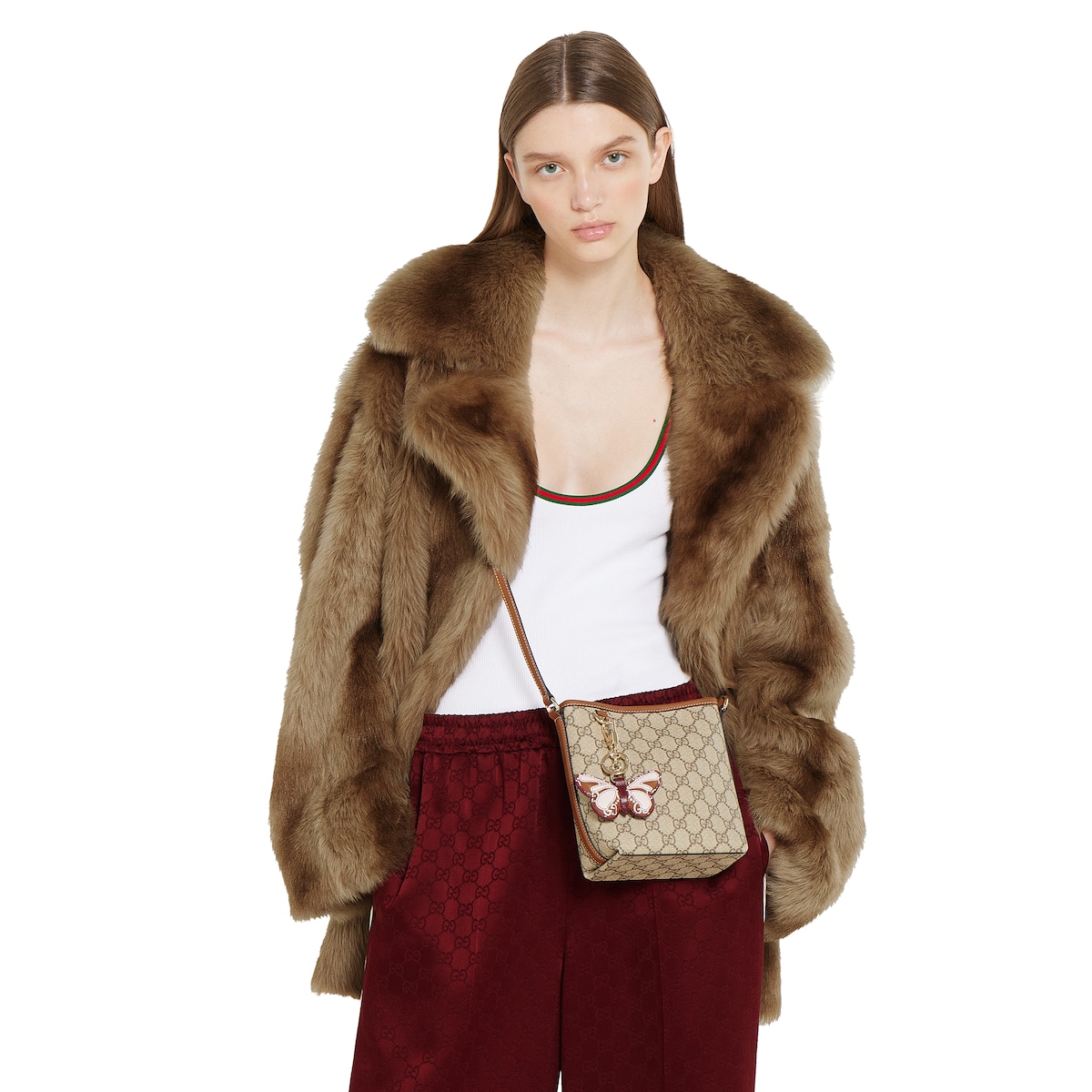 Bolsa bucket miniatura GG Emblem en tejido beige y café oscuro | GUCCI® MX
