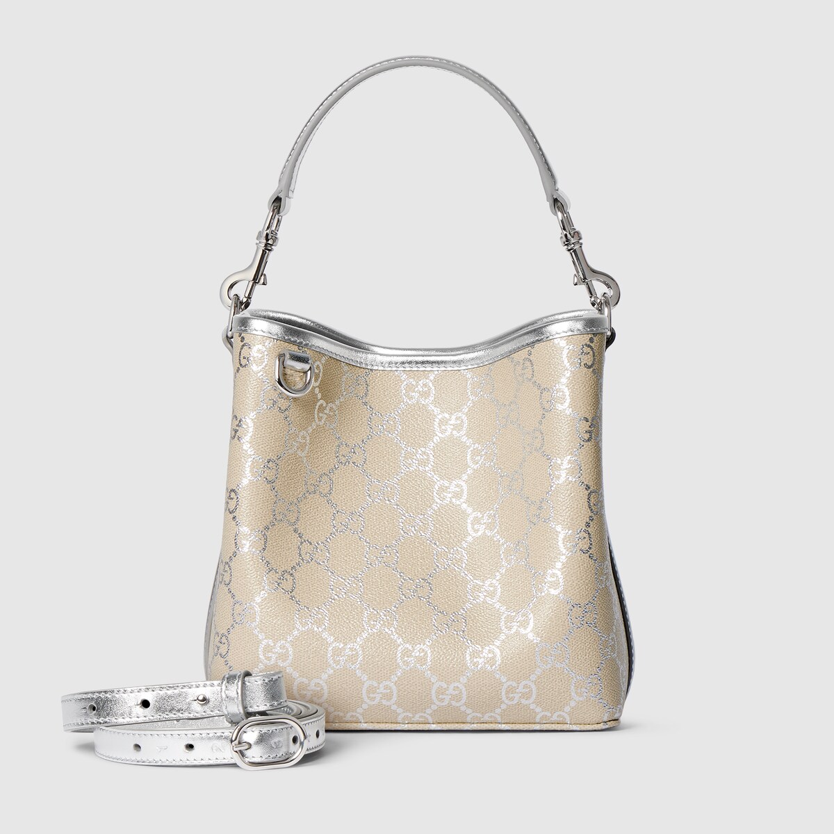 GG Emblem small bucket bag in silver GG fabric | GUCCI® TH