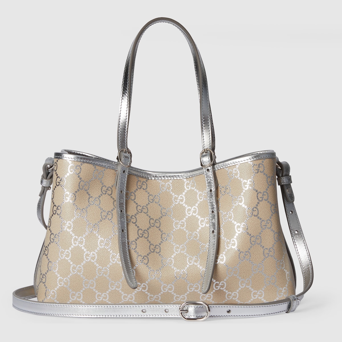 GG Emblem medium tote bag in silver GG fabric | GUCCI® SG
