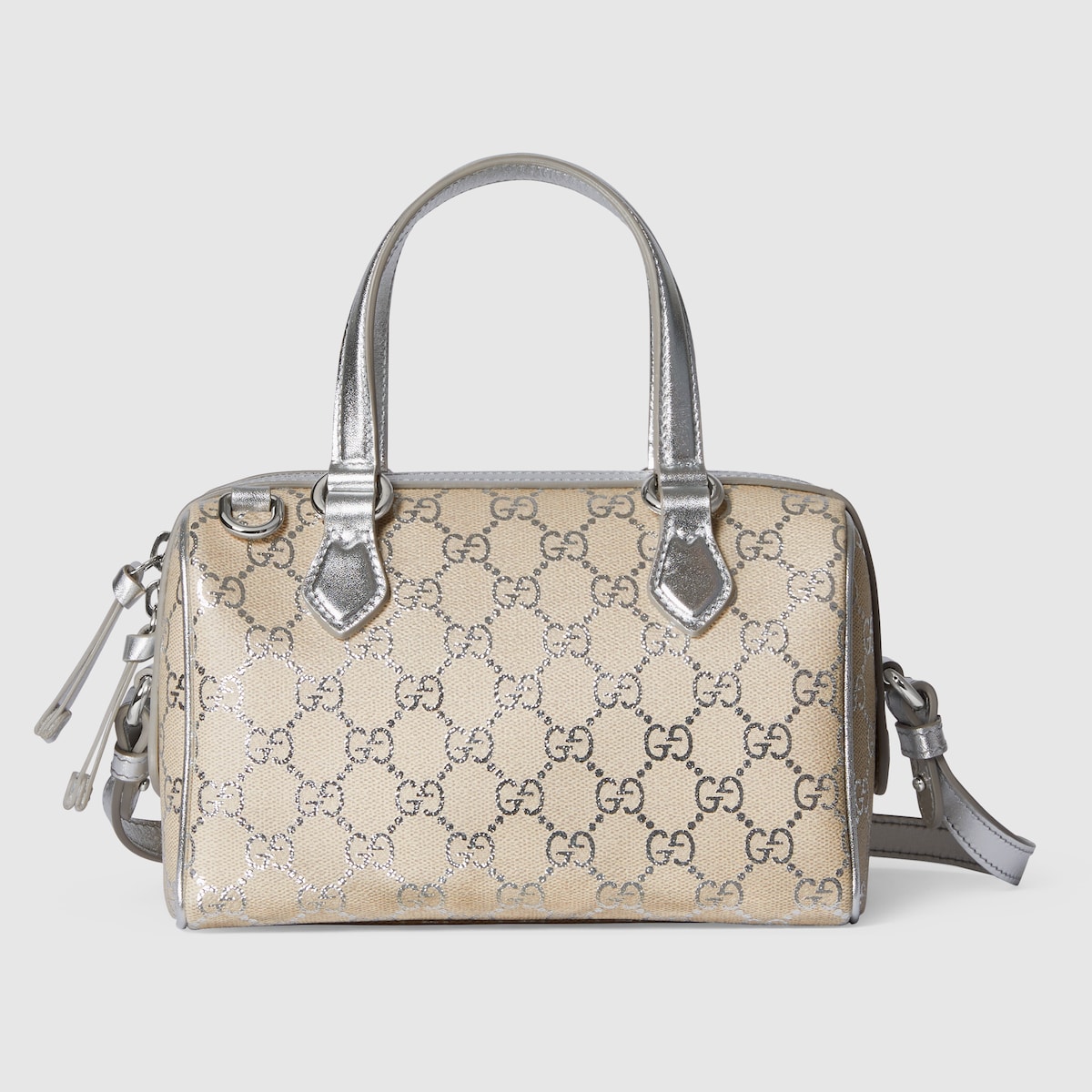 GG Emblem small boston bag in silver GG fabric | GUCCI® MX