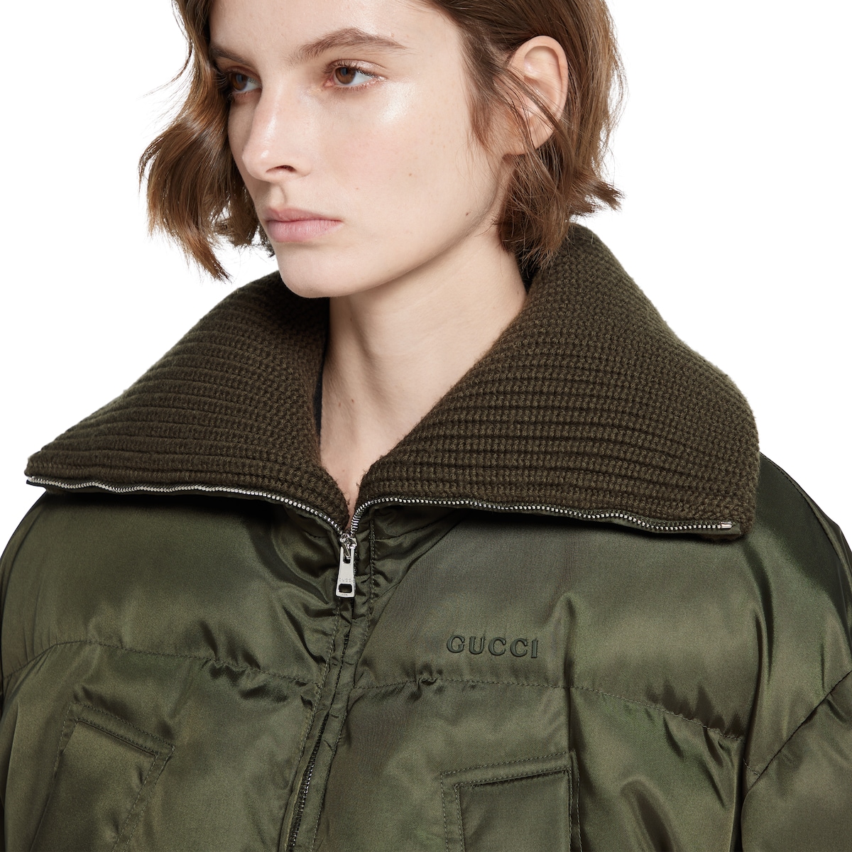 Fine gabardine nylon puffer jacket in forest green | GUCCI® UK
