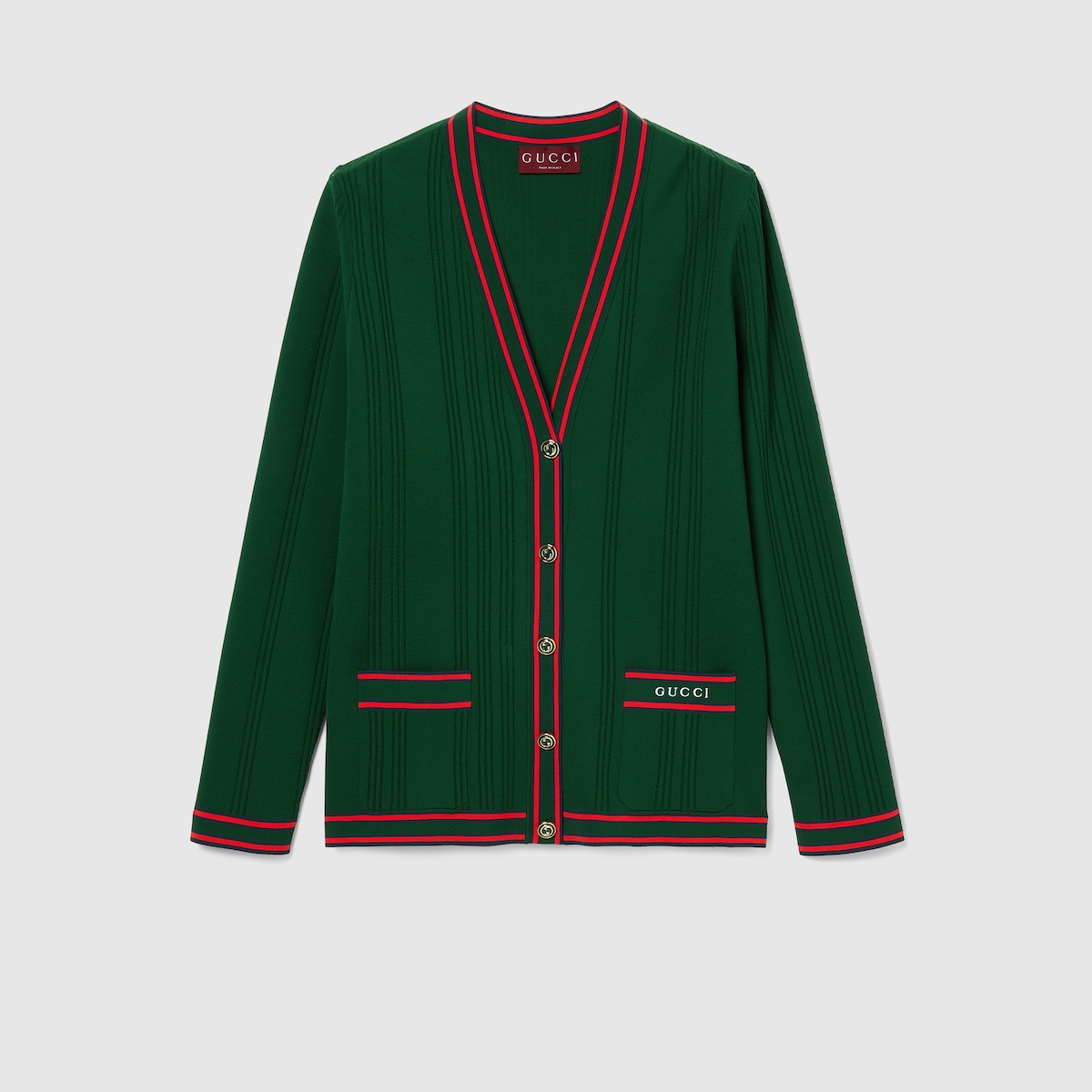 Cardigan with striped trim in dark green | GUCCI® US