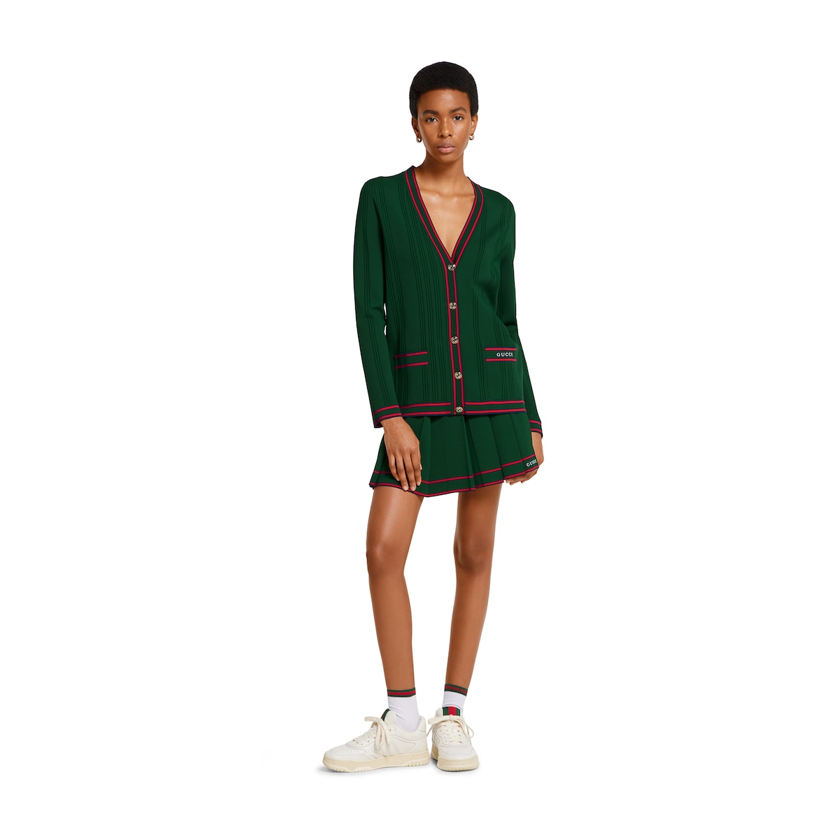 Cardigan with striped trim in dark green | GUCCI® US