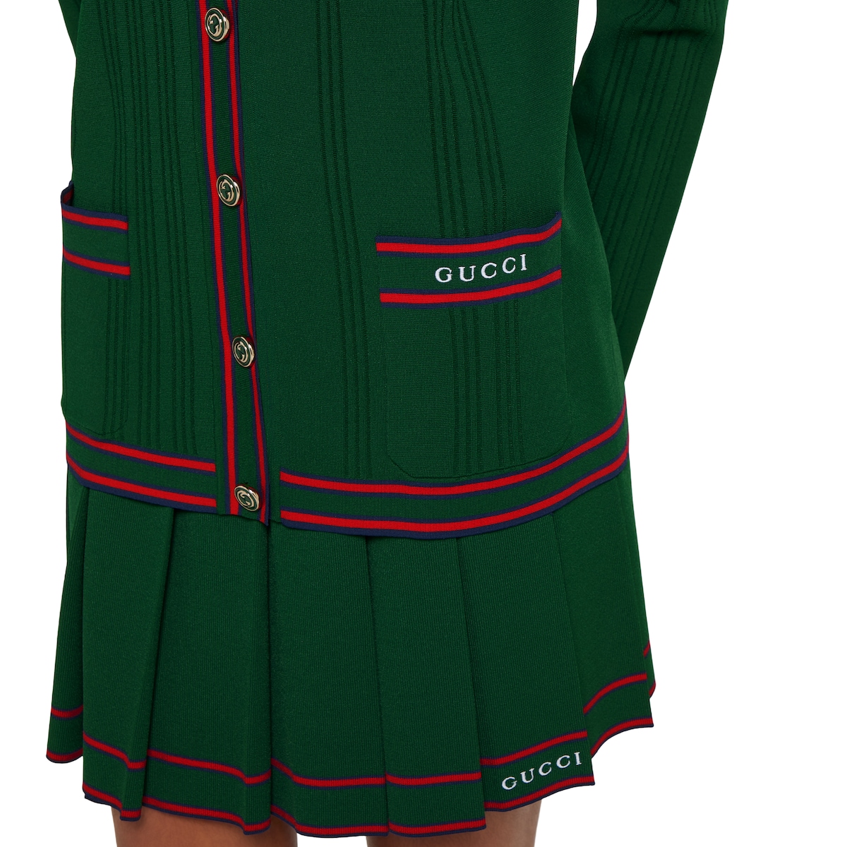 Cardigan with striped trim in dark green | GUCCI® US