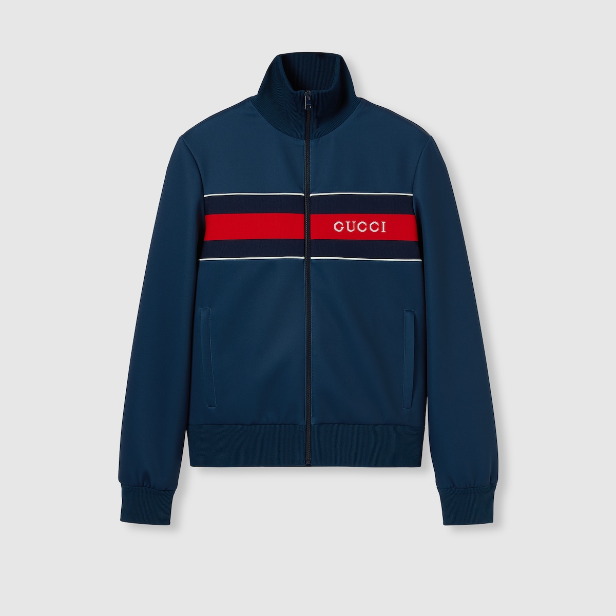 Neoprene zipped jacket with Web in dark blue | GUCCI® AE