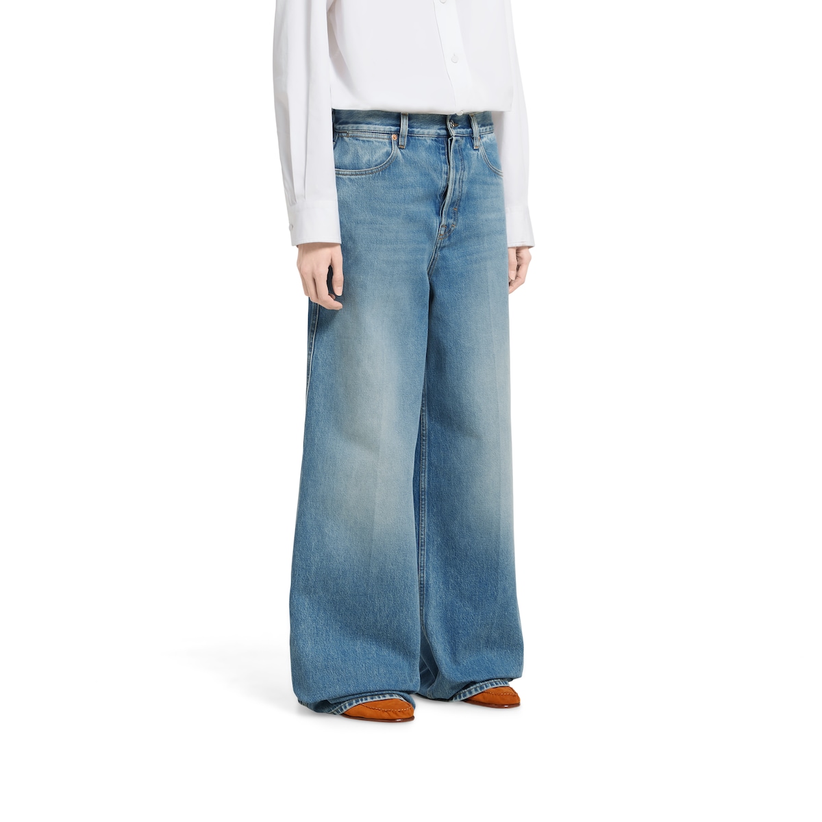 Wide leg denim pants in light blue | GUCCI® US