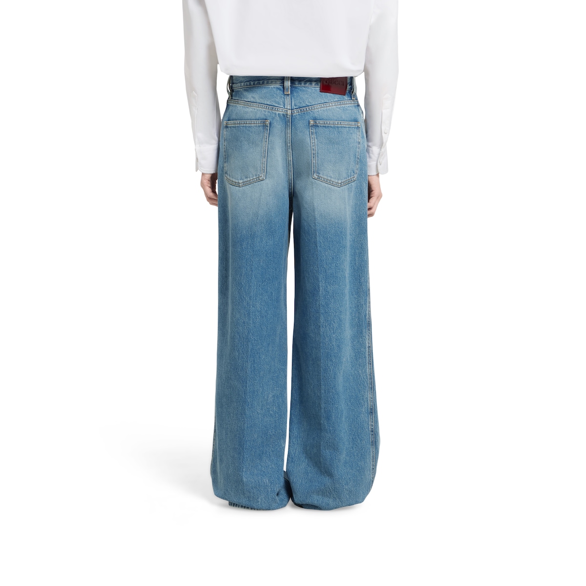 Wide leg denim pants in light blue | GUCCI® US