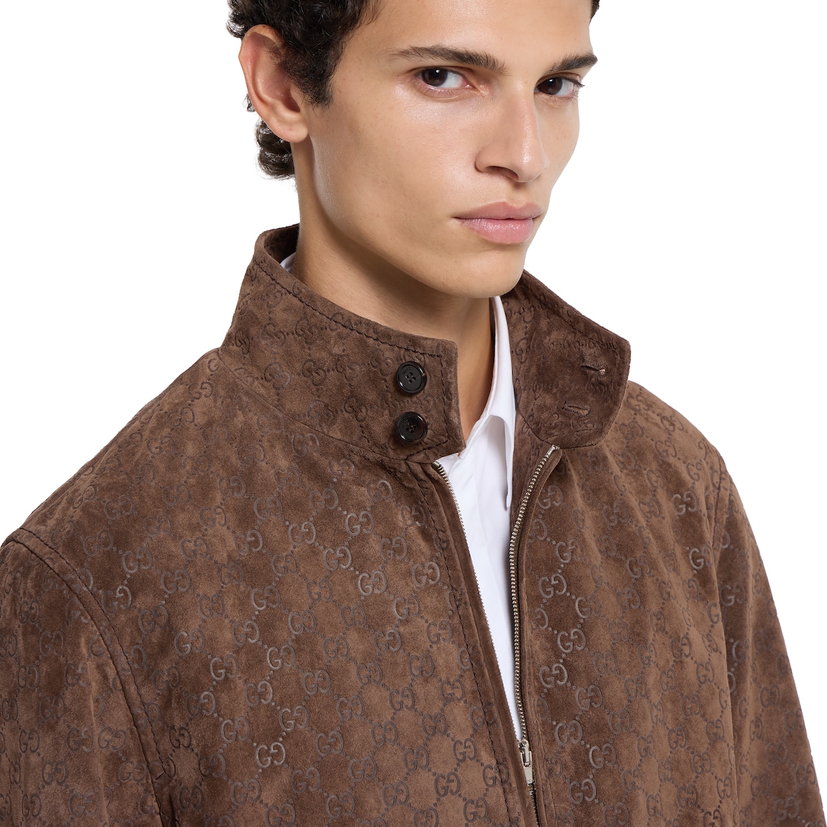Embossed GG suede bomber jacket in brown | GUCCI® INT