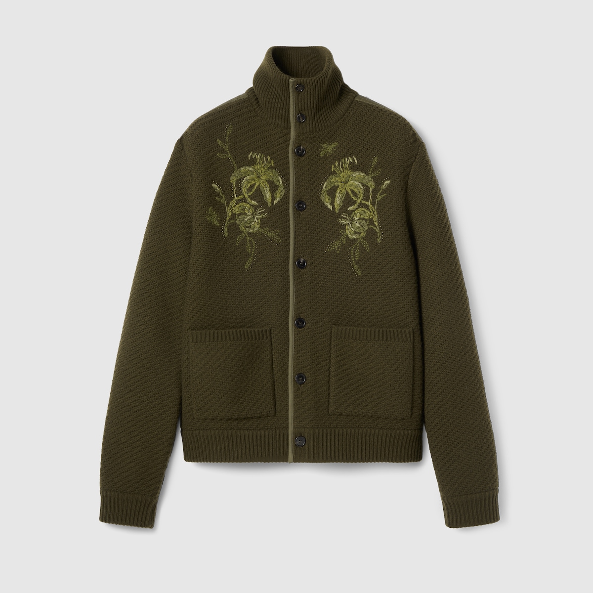 Wool knit cardigan with embroidery in forest green | GUCCI® ES