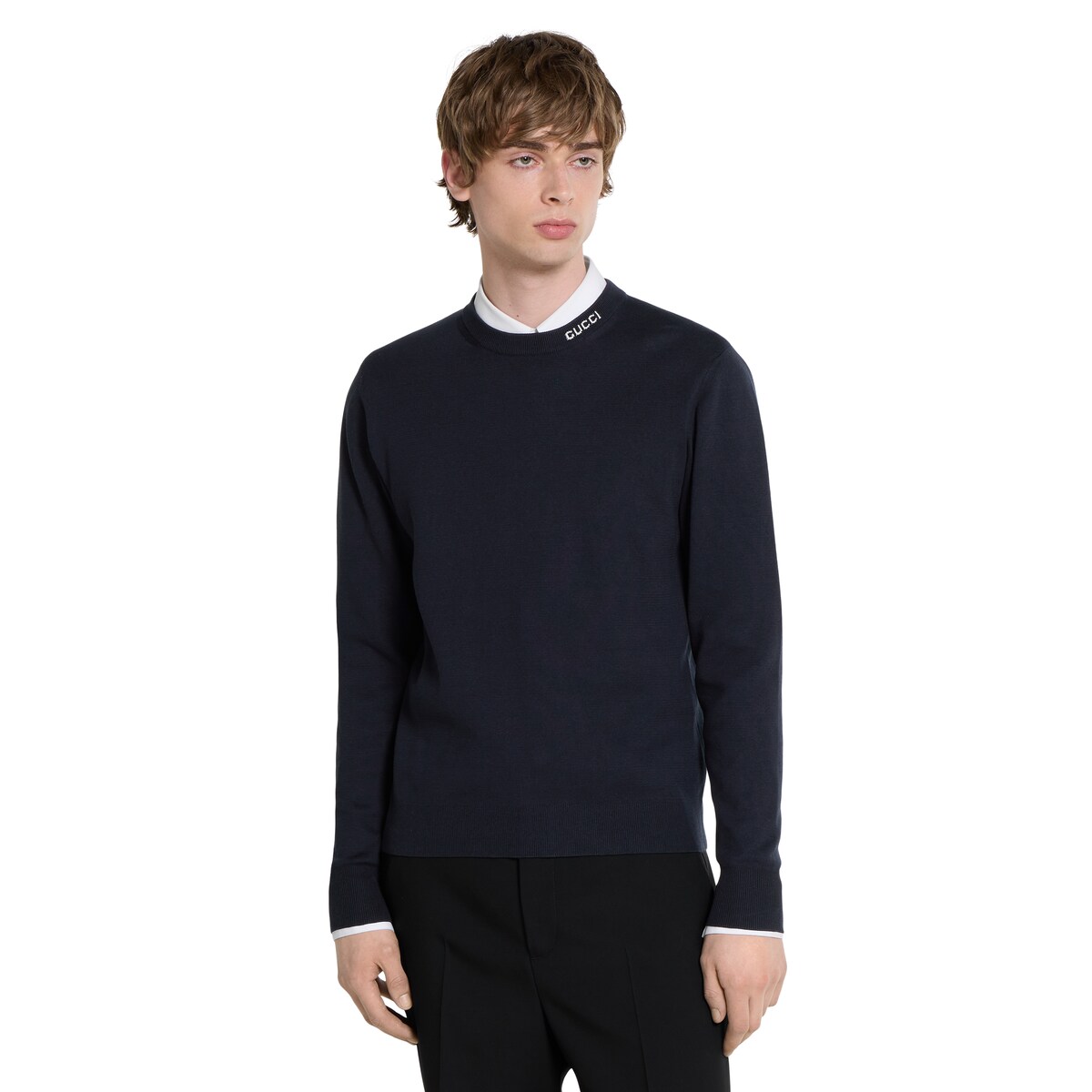 Suéter de punto de algodón y seda con intarsia en azul marino | GUCCI® MX