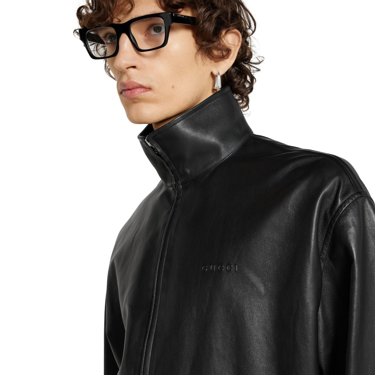 Leather bomber jacket with logo in black | GUCCI® ZA