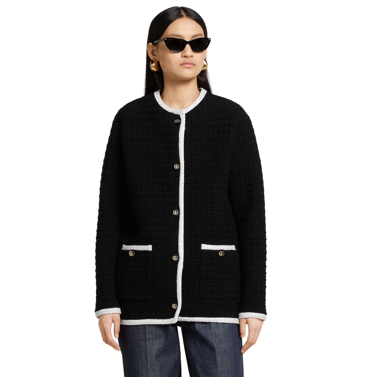 Tweed wool cardigan with embroidery in black and white | GUCCI® UK