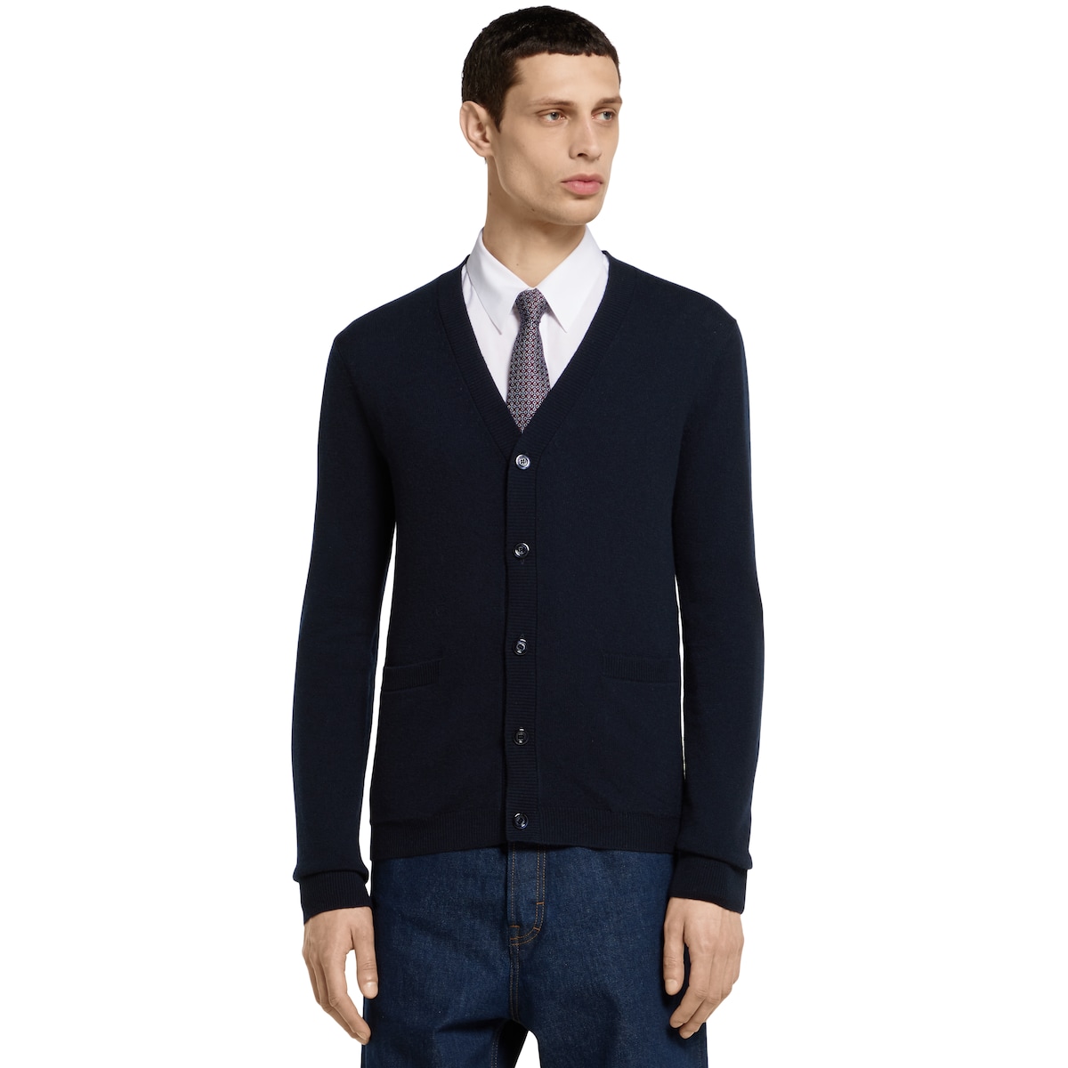 Fine cashmere cardigan with intarsia in navy | GUCCI® US